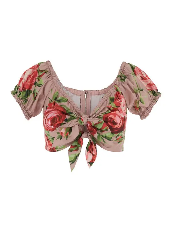 Dolce & Gabbana Cotton Floral Print Crop Top With Double Knot Detail - Multicolor