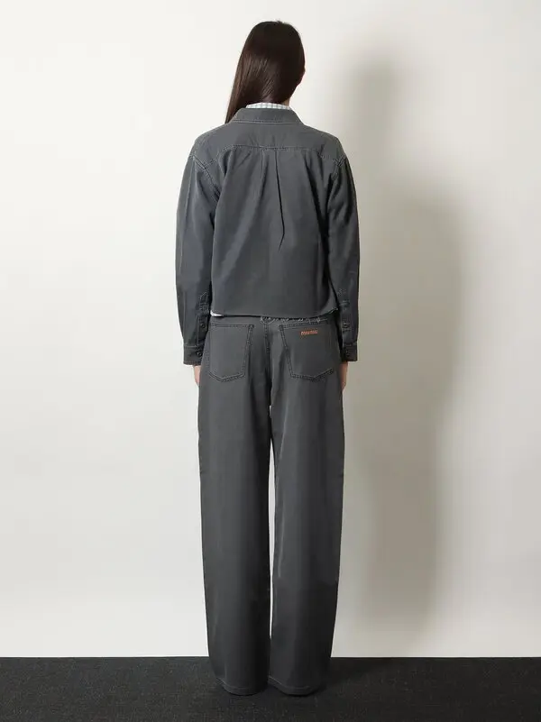 Miu Miu Light Denim Shirt With Embroidered Logo And Fringed Hem - Grey