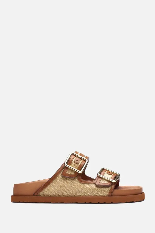 BIRKENSTOCK Raffia Arizona Slides With Buckles - Brown