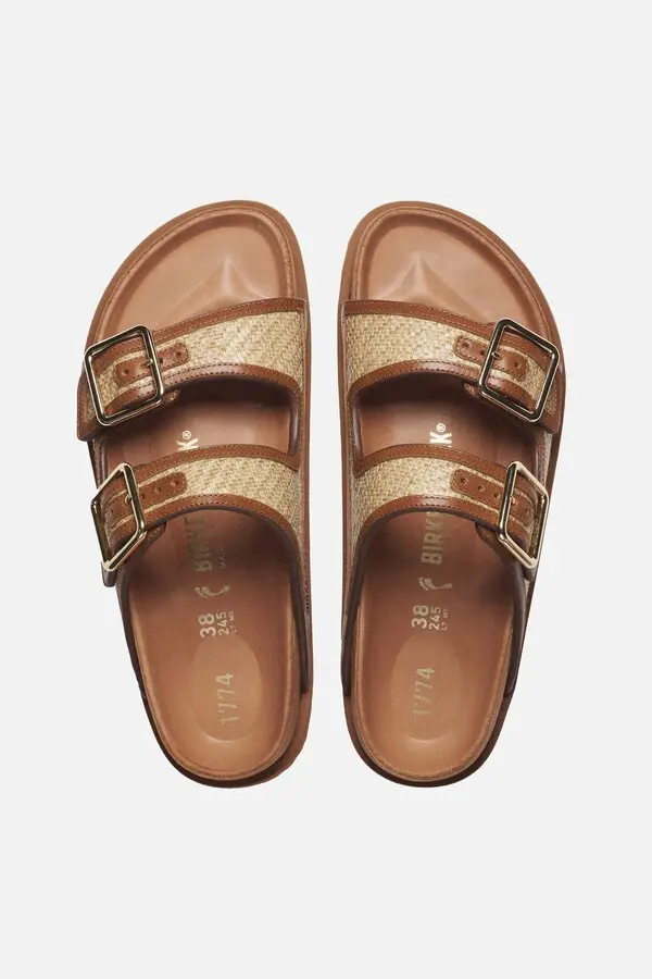 BIRKENSTOCK Raffia Arizona Slides With Buckles - Marrone