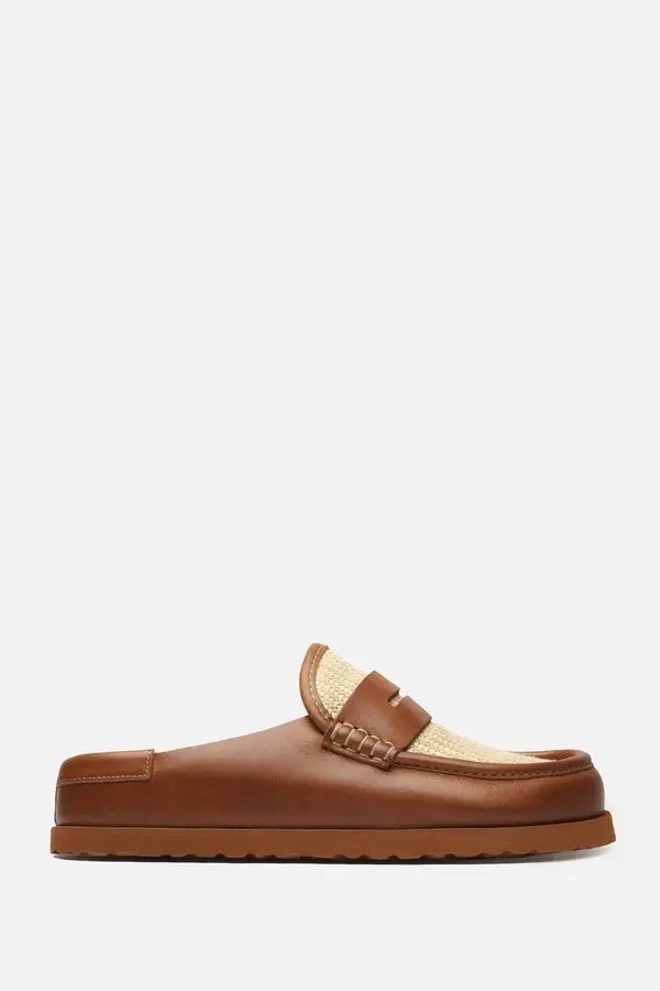 BIRKENSTOCK Raffia And Leather Mules - Marrone