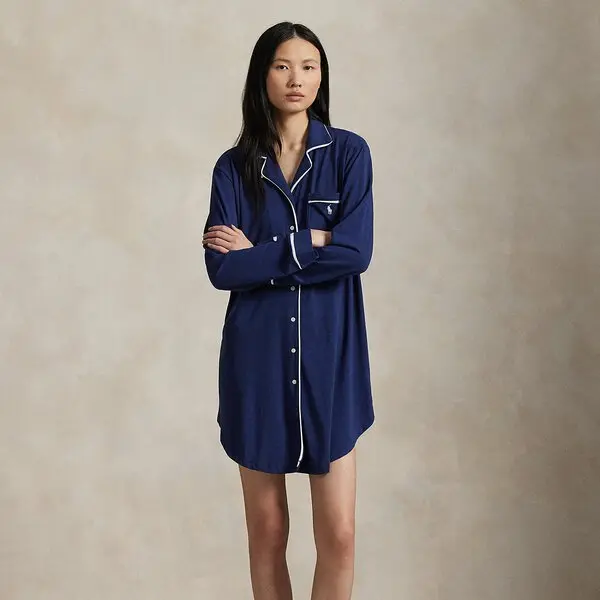 Ralph Lauren Cotton Blend Jersey Sleep Shirt With Signature Pony Embroidery - Navy
