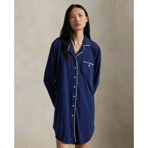 Ralph Lauren Cotton Blend Jersey Sleep Shirt With Signature Pony Embroidery - Navy