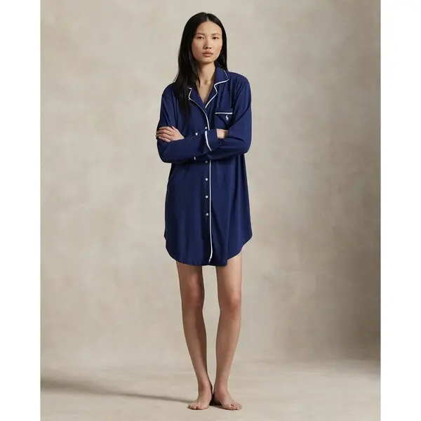 Ralph Lauren Cotton Blend Jersey Sleep Shirt With Signature Pony Embroidery - Navy