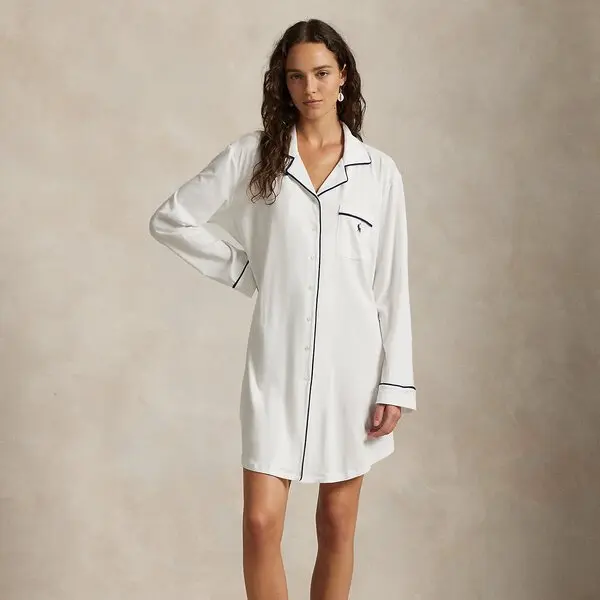 Ralph Lauren Cotton Blend Jersey Sleep Shirt With Signature Pony Embroidery - White Cloud