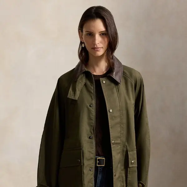 Ralph Lauren Cotton Twill Barn Jacket With Leather Collar - Basic Olive