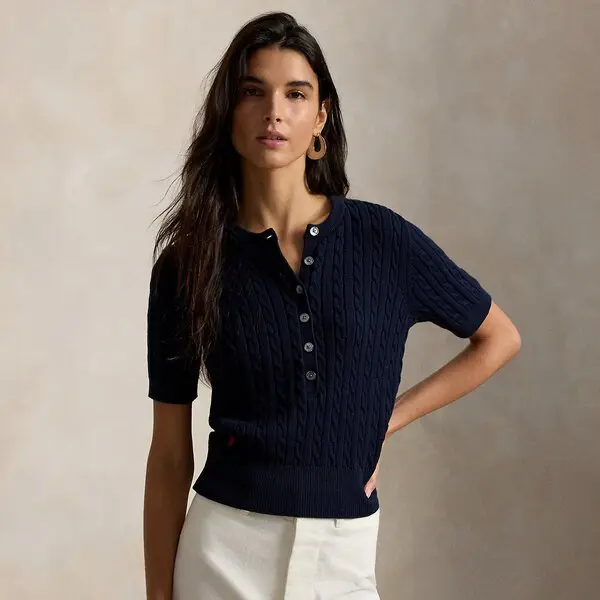 Ralph Lauren Mini-cable Short-sleeve Henley Sweater - Hunter Navy