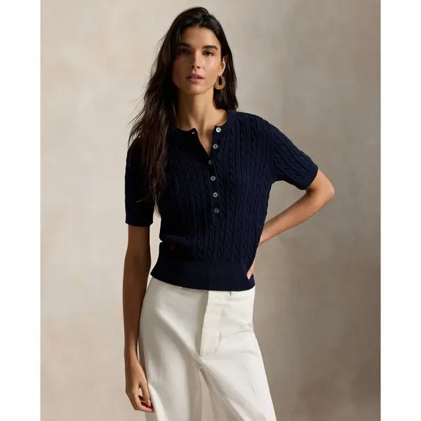 Ralph Lauren Mini-cable Short-sleeve Henley Sweater - Hunter Navy
