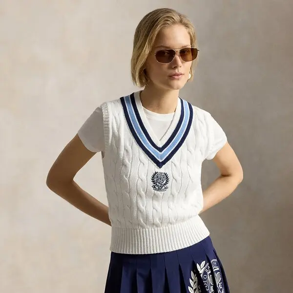 Ralph Lauren Wimbledon Cable Knit Cotton Vest - Cream Combo
