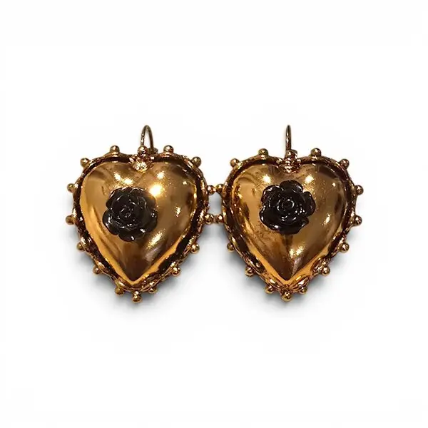 VSTYLE Hand-painted Black Rose Sacred Heart Earrings - Gold