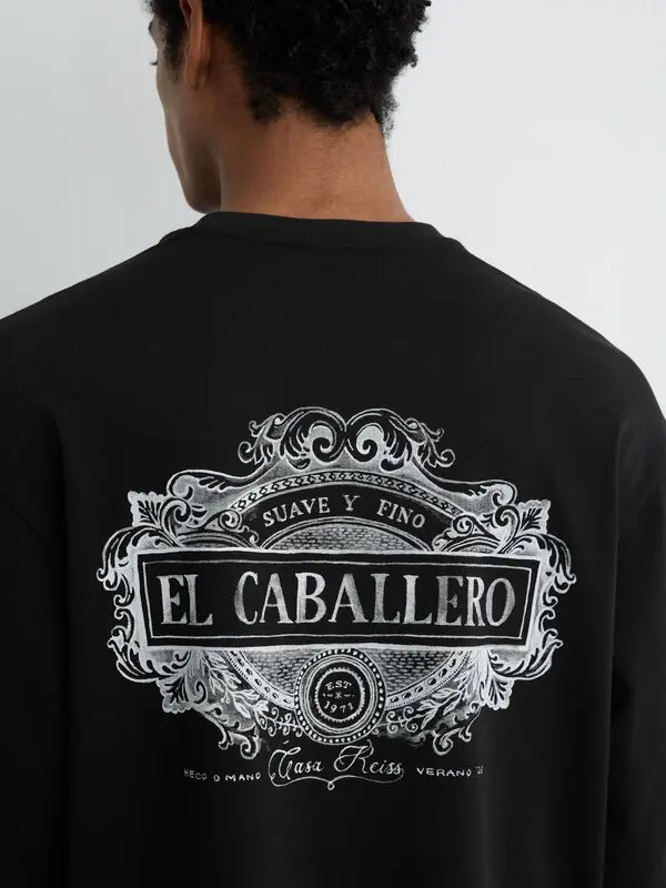 REISS Suave Cotton Motif Long-sleeve Relaxed T-shirt - Black