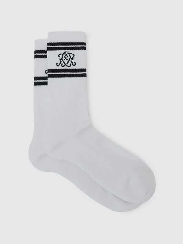 REISS Maurice Ribbed Cotton-blend Socks With Monogram Detail - White/navy