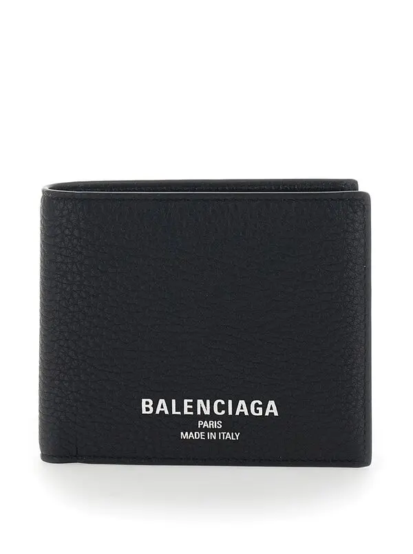 Balenciaga Black Leather Logo Lettering Bifold Wallet For - Multicolor