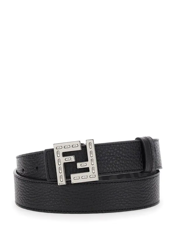 Fendi Ff Logo Plate Belt In Black Grained Leather - Multicolor
