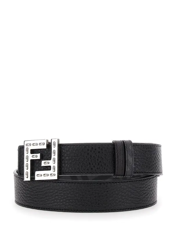 Fendi Ff Logo Plate Belt In Black Grained Leather