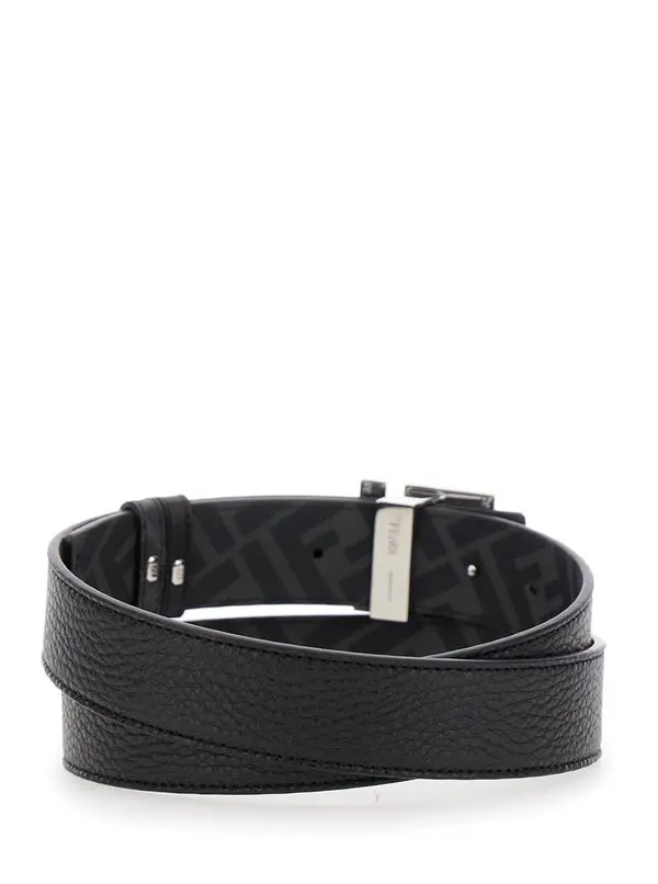 Fendi Ff Logo Plate Belt In Black Grained Leather