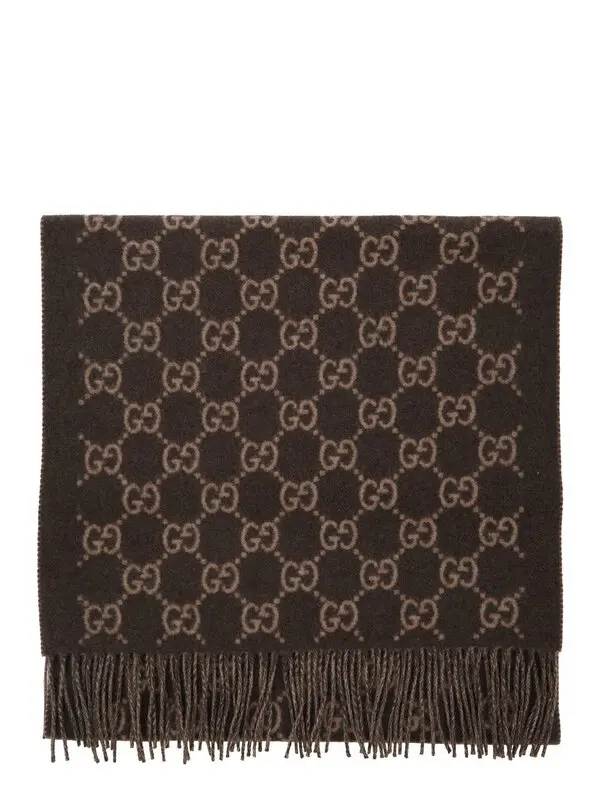 Gucci Scarf 'gg' With All-over Motif And Fringed Edge In For - Brown