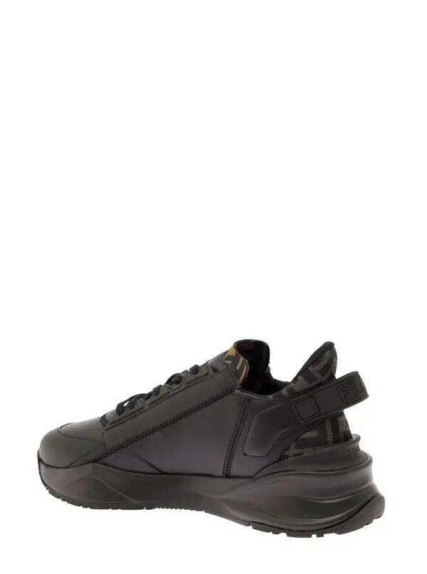 Fendi Flow Leather Sneakers With Ff Logo And Side Zip Detail - Black