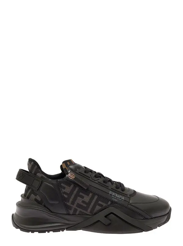 Fendi Flow Leather Sneakers With Ff Logo And Side Zip Detail - Black