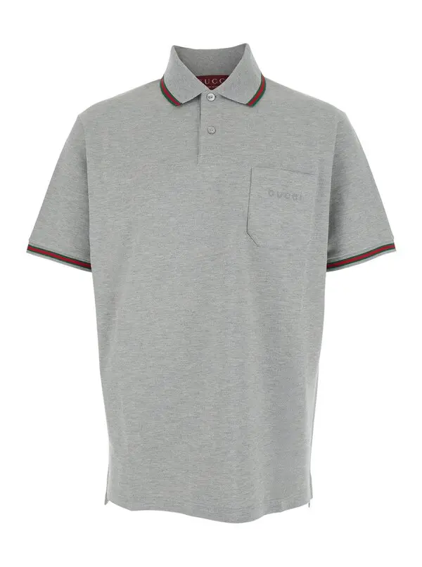 Gucci Polo Shirt With Web Details And Lettering Logo On The Front In Grey Wool Blend For - Gray
