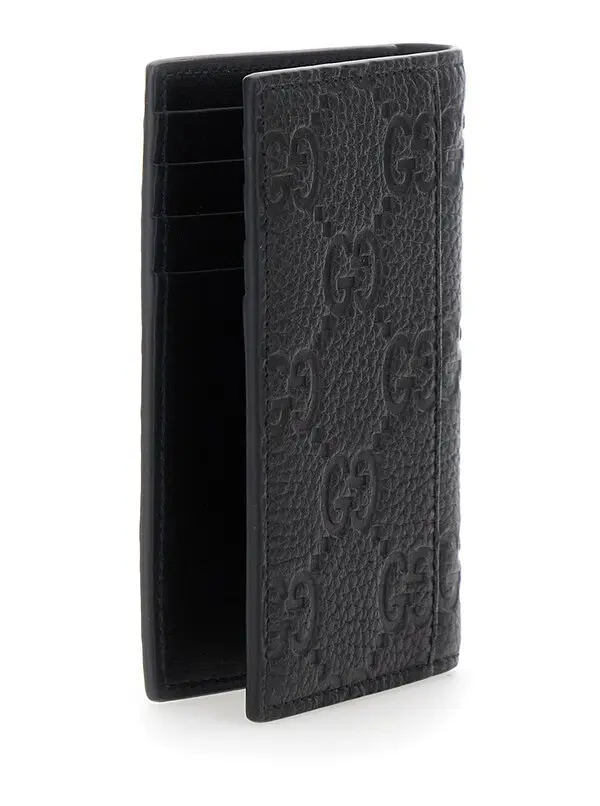 Gucci Bi-fold Wallet With Vertical Design In Grained Gg Leather Black
