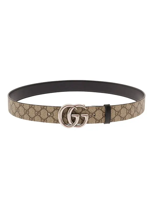 Gucci Reversible Belt With Double G Buckle In Gg Canvas And Leather - Multicolor