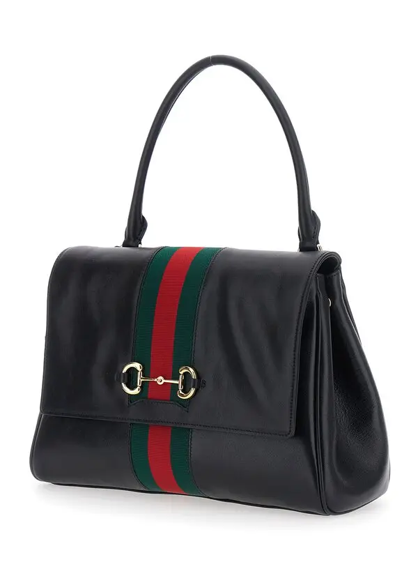 Gucci Leather Handbag With Web Detail And Horsebit Plaque - Black