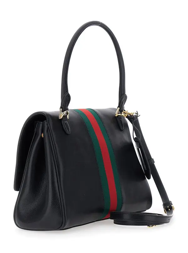 Gucci Leather Handbag With Web Detail And Horsebit Plaque - Black