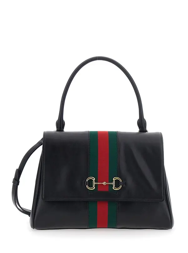 Gucci Leather Handbag With Web Detail And Horsebit Plaque - Black