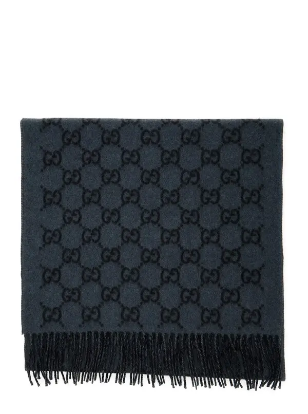 Gucci Fringed Edge Scarf With Gg Jacquard Motif In Cashmere For - Gray