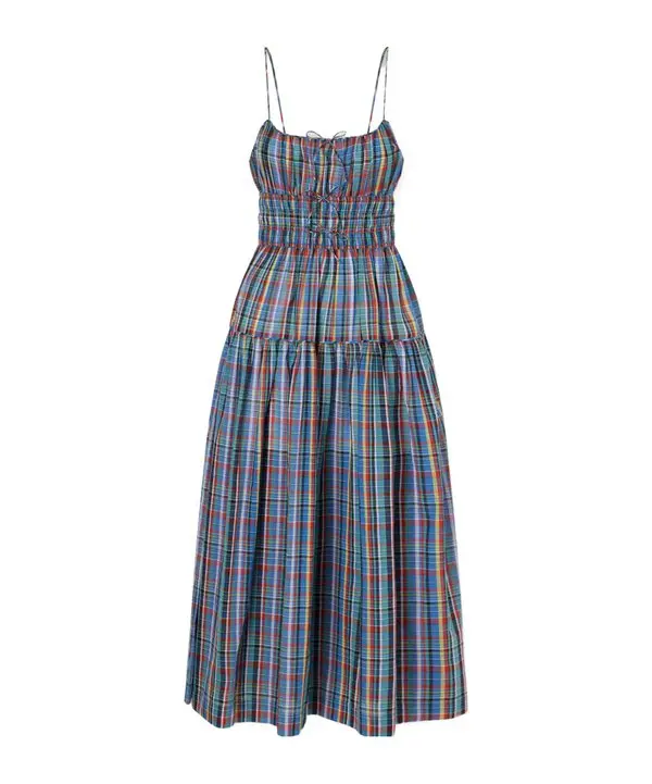 DÔEN Gathered Checked Organic Cotton Midi Dress - Blue