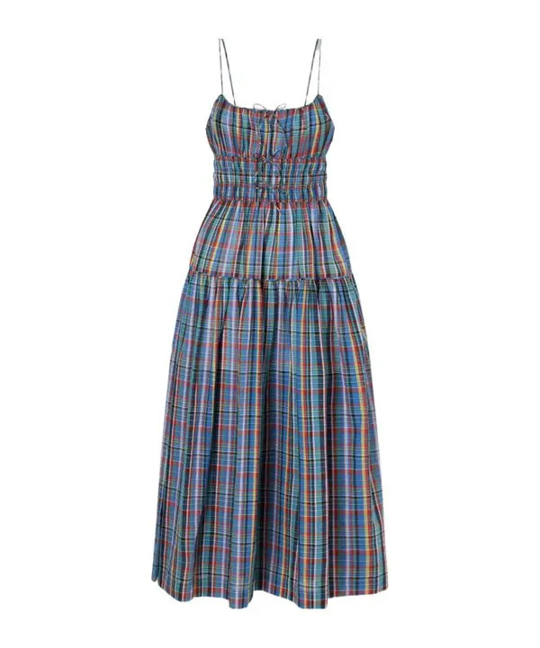 DÔEN Gathered Checked Organic Cotton Midi Dress - Blue