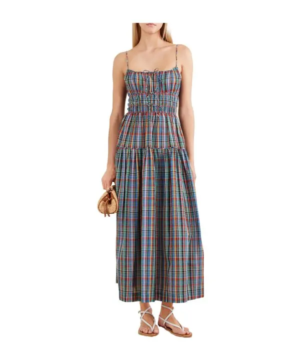DÔEN Gathered Checked Organic Cotton Midi Dress - Blue
