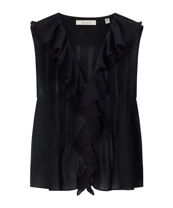 DÔEN Ruffled Embroidered Organic Cotton Top - Black