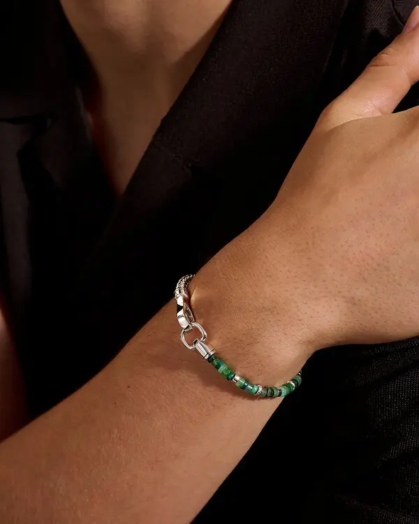 John Hardy Emerald & Malachite Heishi Chain Bracelet - Silver