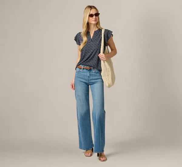 Adrianna Papell Flutter Sleeve Notch Neck Top - Navy Abstract Stripe