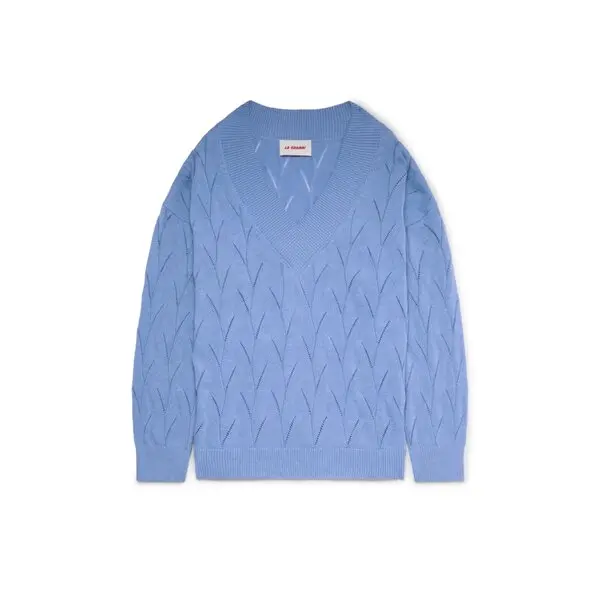 LA GRANNI Oversized V-neck Jumper With Wheat Branch Detailing - Blue