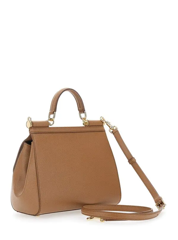 Dolce & Gabbana My Sicily' Medium Grained Leather Handbag With Logo Plate - Brown