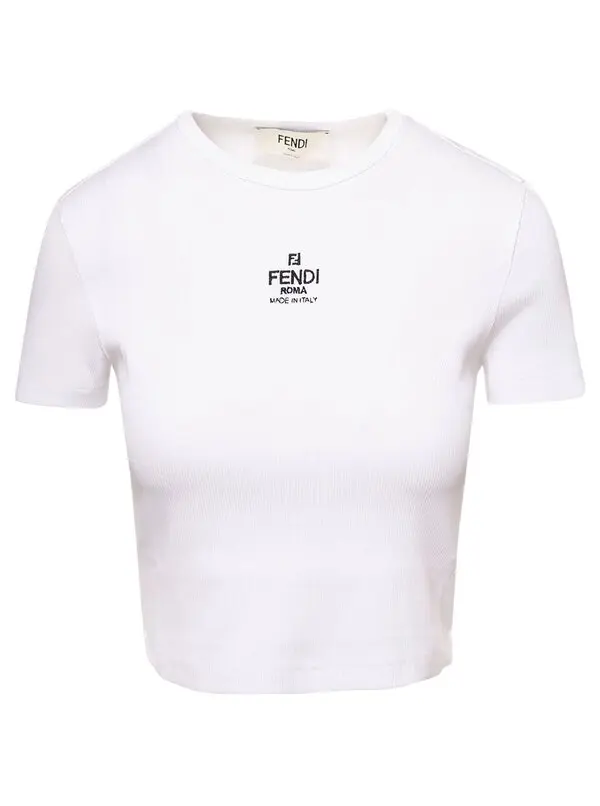 Fendi White Crop T-shirt With Logo Embroidered In Stretch Cotton For - Multicolor