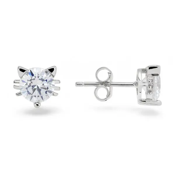 KYLIE HARPER Diamond Cz Kitty Cat Stud Earrings In Sterling