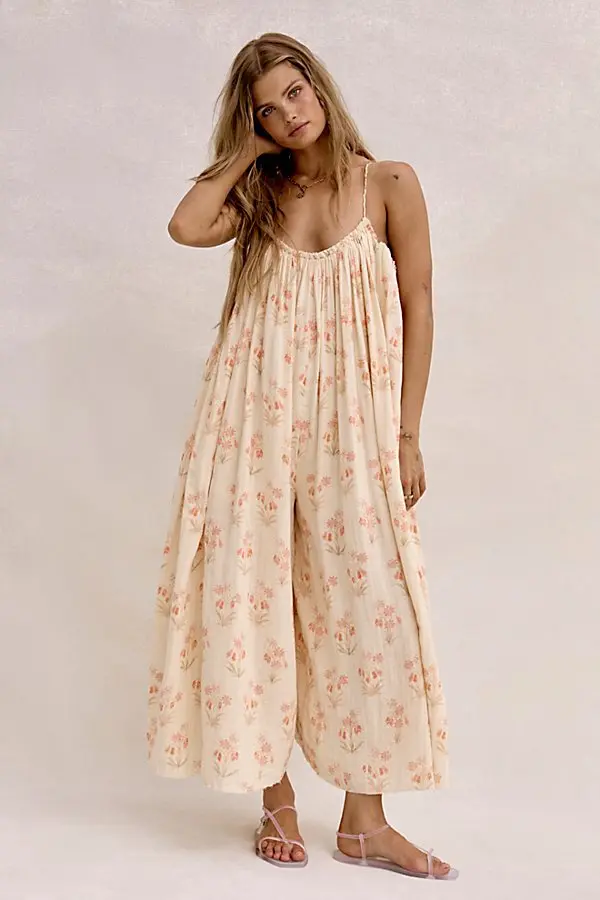 Free People Raffia Blooms Printed Jumpsuit - Tea Combo