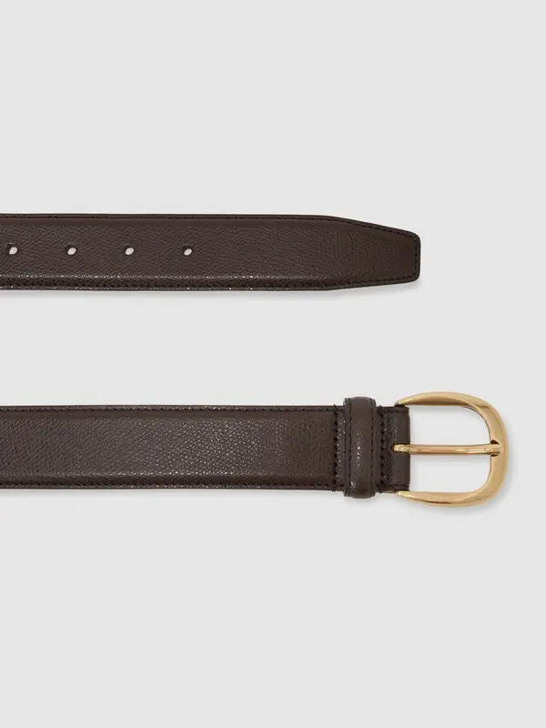 REISS Pebble Leather Curved Buckle Belt - Dark Brown