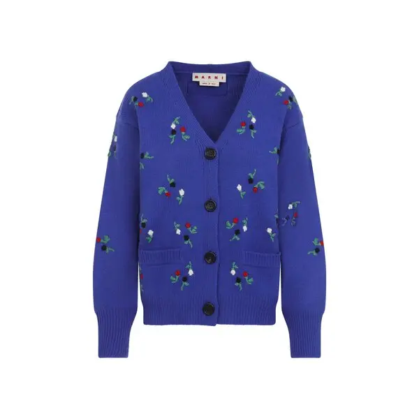 Marni Embroidered Floral Wool Blend Cardigan - Blue