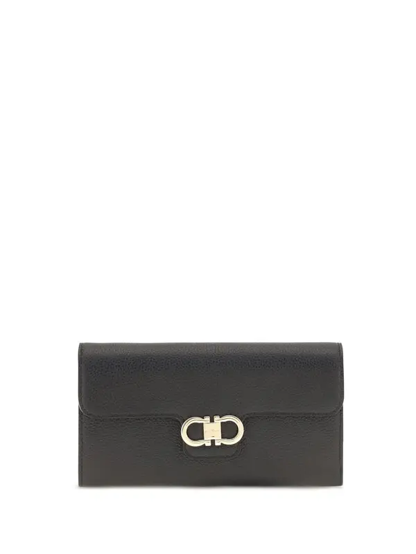 FERRAGAMO Gancini Wallet With Shoulder Strap - Black