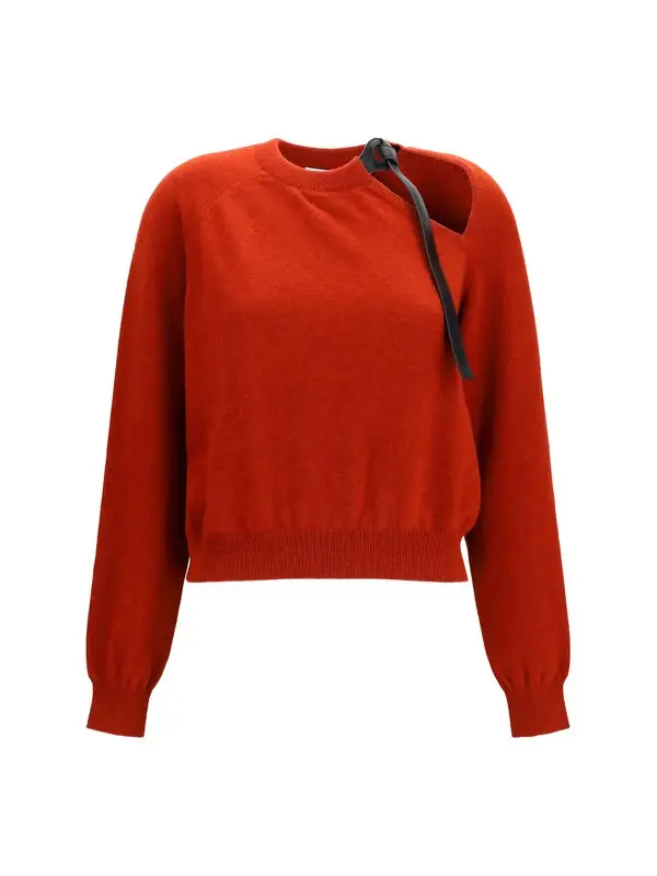 FERRAGAMO Crewneck Sweater With Leather Tie Cut-out Detail - Red