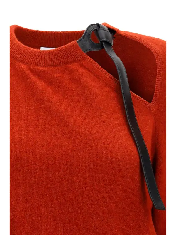 FERRAGAMO Crewneck Sweater With Leather Tie Cut-out Detail - Red