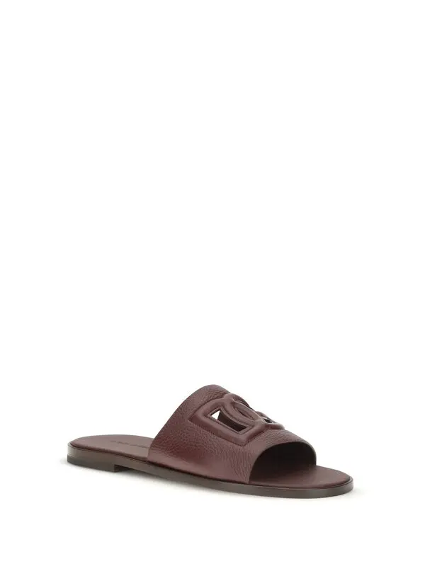 Dolce & Gabbana Grained Leather Flat Sandals With Cut-out Logo