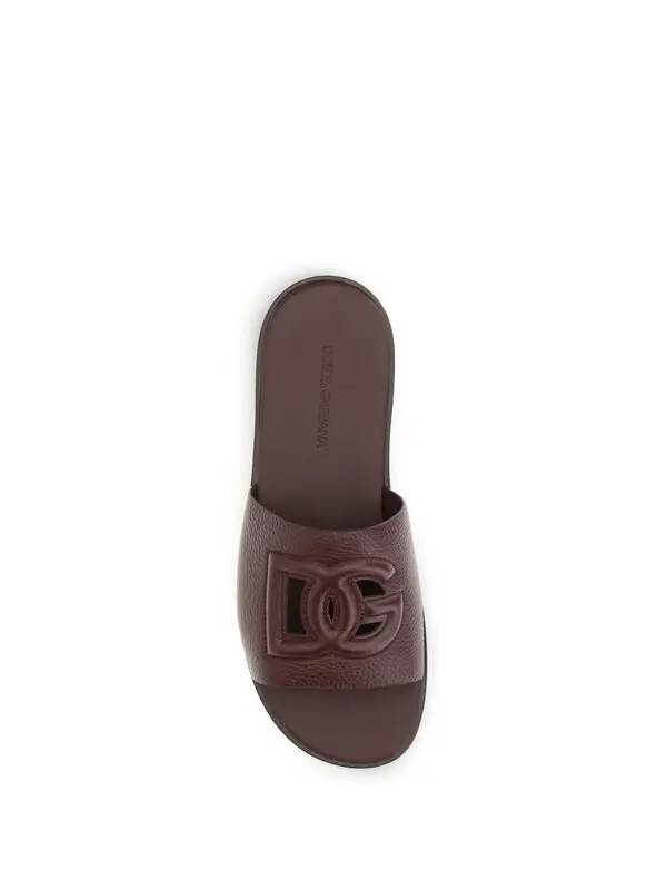 Dolce & Gabbana Grained Leather Flat Sandals With Cut-out Logo