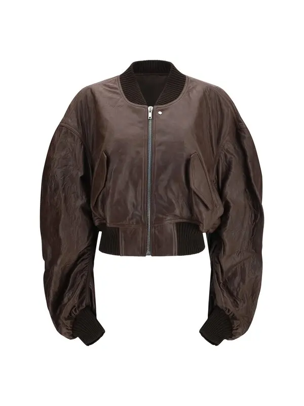 Rick Owens Cropped Leather Bomber Jacket - Brown