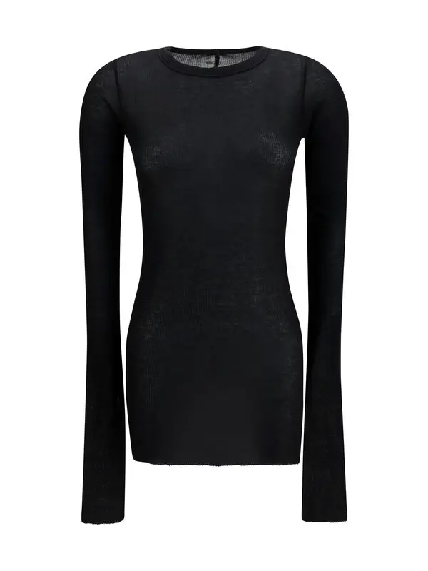 Rick Owens Long Sleeve Ribbed Knit Crew Neck Top - Black